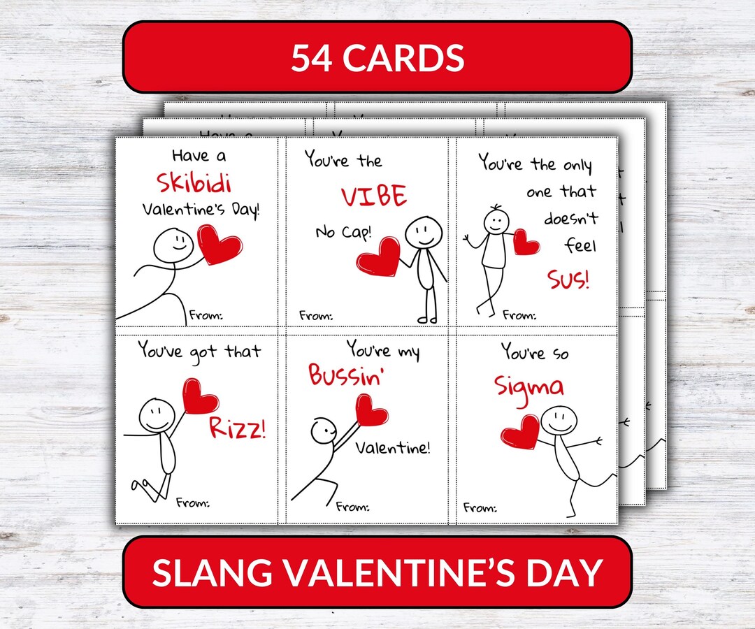 Slang Valentine Cards for Teens & Tweens, 54 Funny Cards, Skibidi, Rizz ...