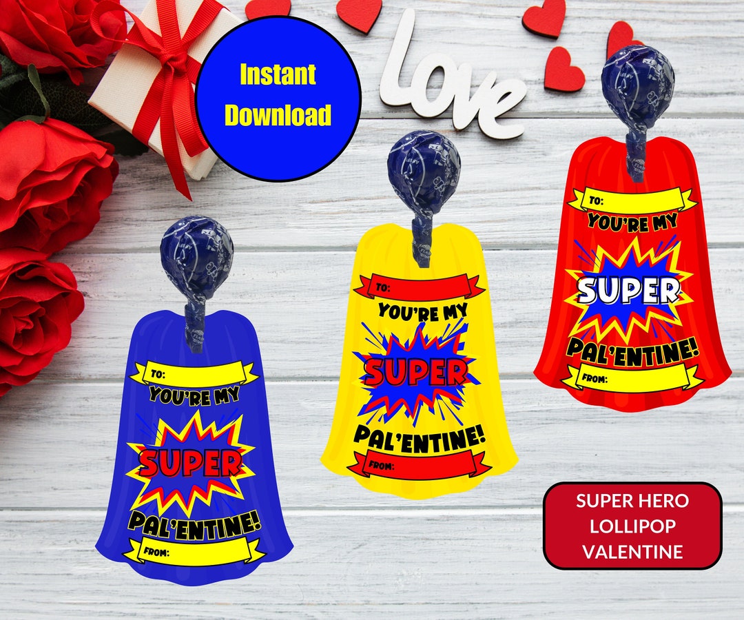 Superhero Valentine Card, Lollipop Valentine Card, Cape Hero, Classroom ...