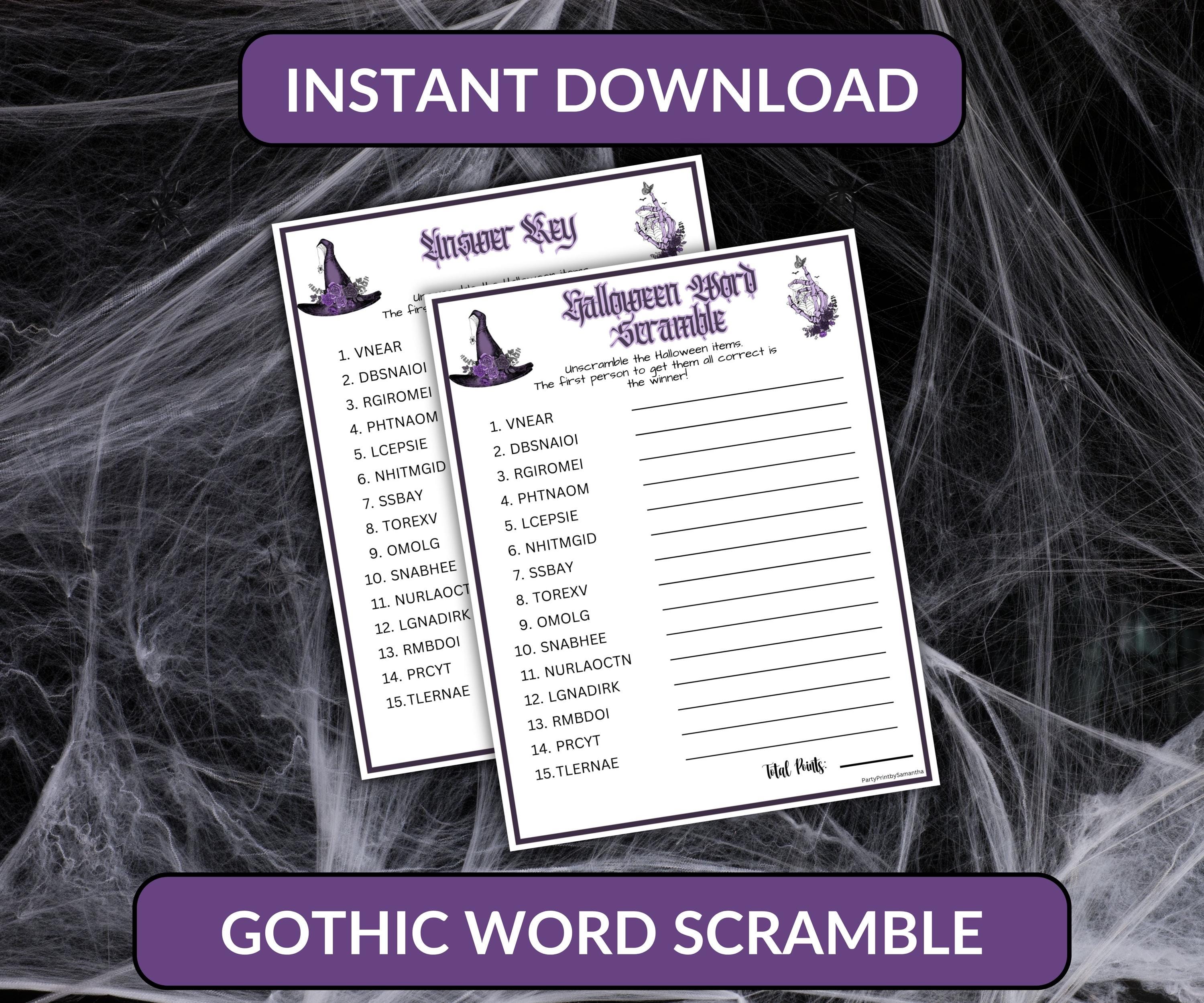 Gothic Halloween Word Scramble, Dark Party Game for Teens, Tweens ...