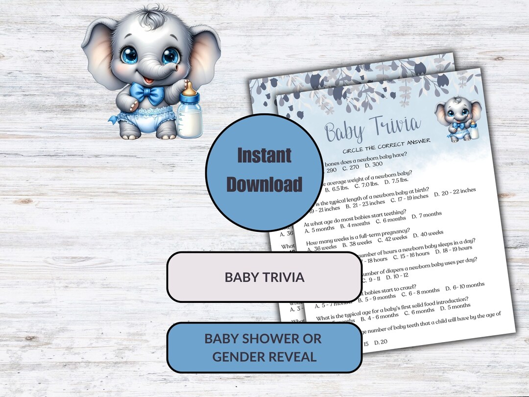 Baby Trivia Game, Baby Shower Game, Digital Download, Boy Elephant ...