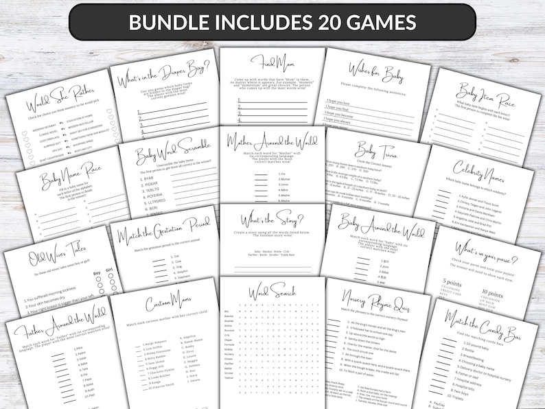 Baby Shower Game Bundle, Minimalist Baby Shower Activities, 20 ...