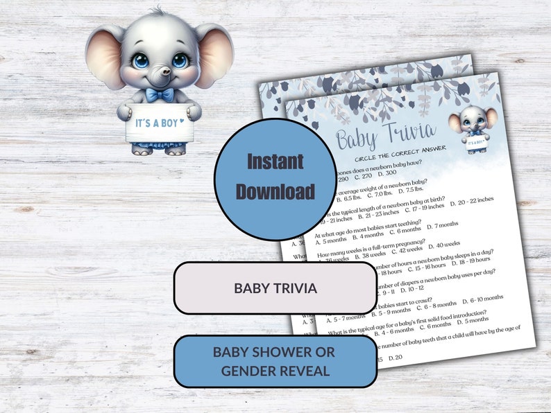 Baby Trivia Game, Baby Shower Game, Digital Download, Boy Elephant ...