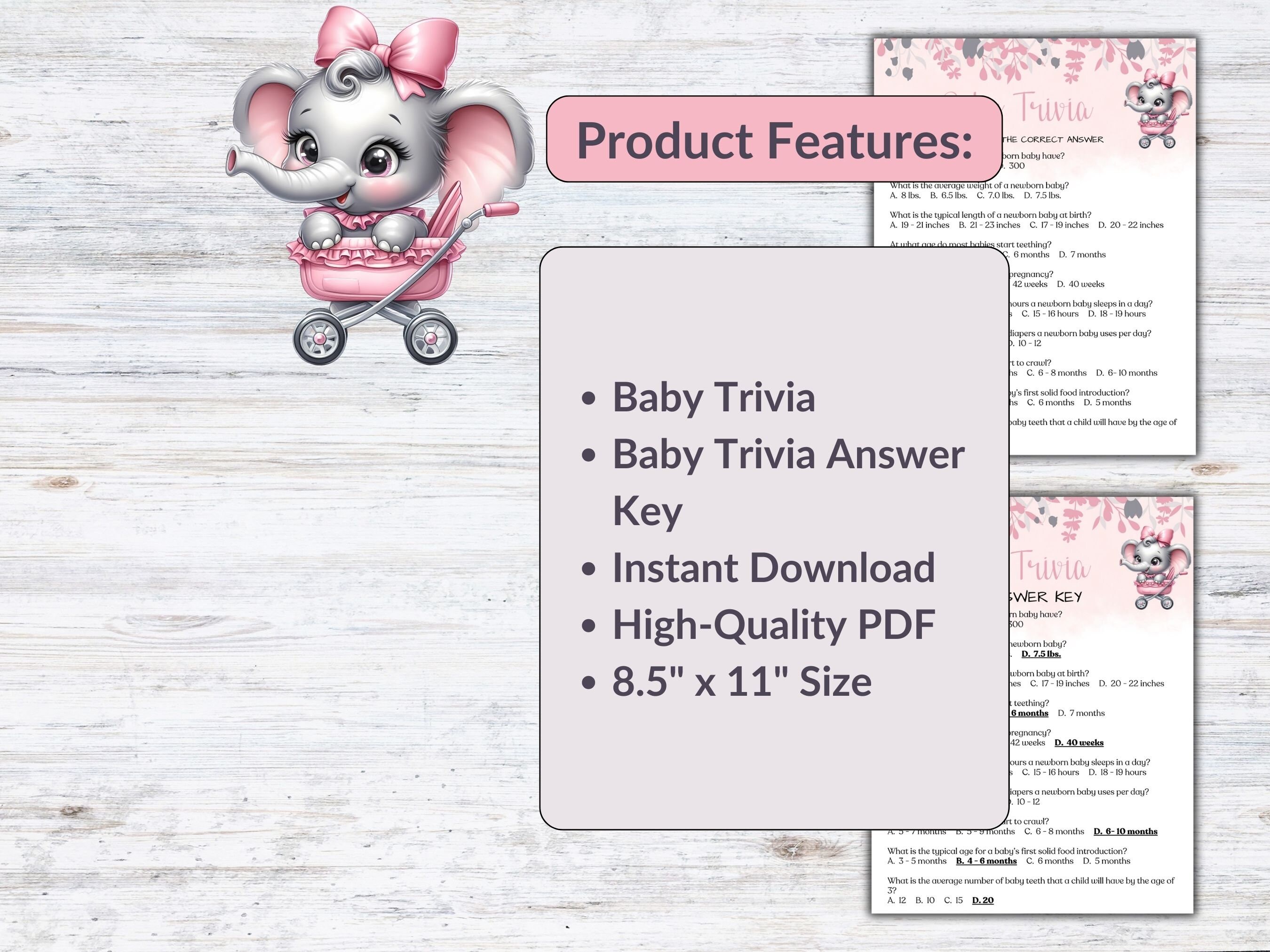 Baby Trivia Game, Baby Shower Game, Digital Download, Girl Elephant ...