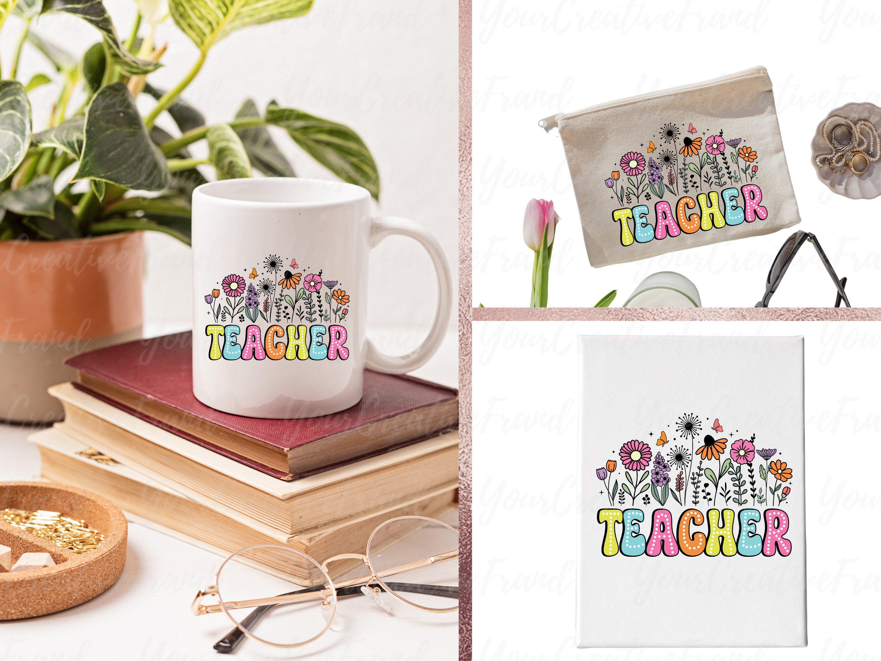 Teacher PNG With Flowers & Dalmation Dots, Retro, Unique and One of a ...