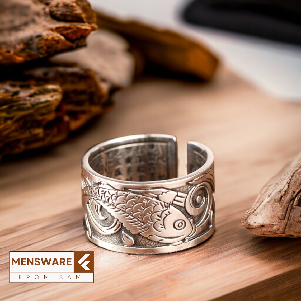 Silver Koi Fish Ring Adjustable Mens Ring Japanese Style Mens Ring ...