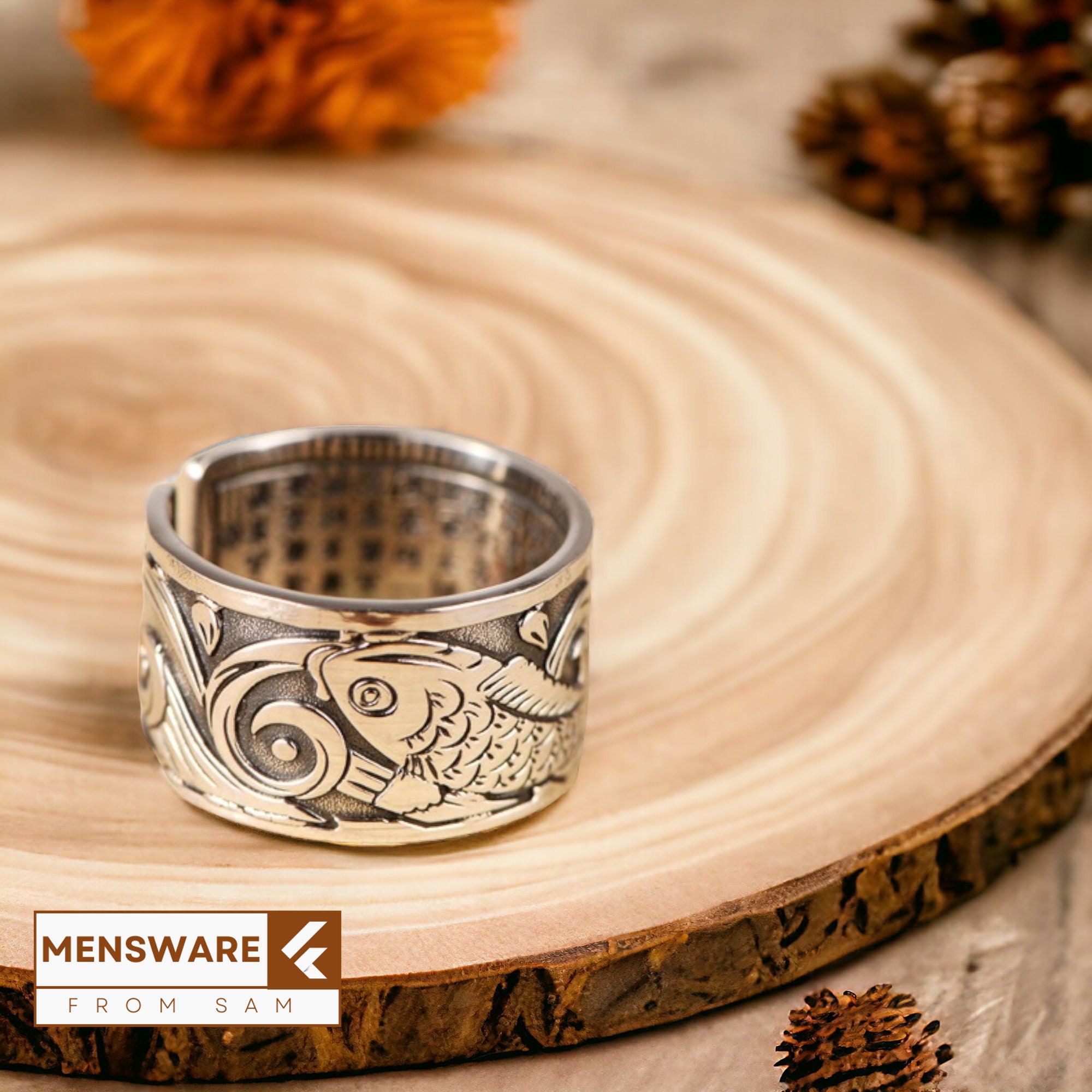 Silver Koi Fish Ring Adjustable Mens Ring Japanese Style Mens Ring ...