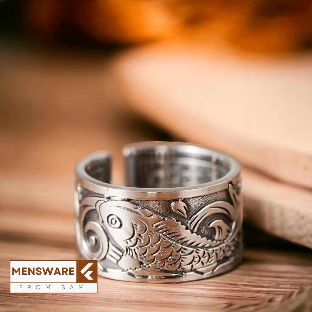 Silver Koi Fish Ring Adjustable Mens Ring Japanese Style Mens Ring ...