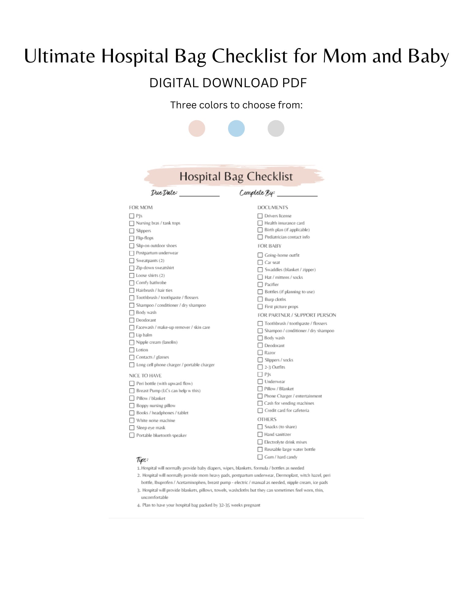 Hospital Bag Checklist Printable | Ultimate Hospital Bag Checklist for ...