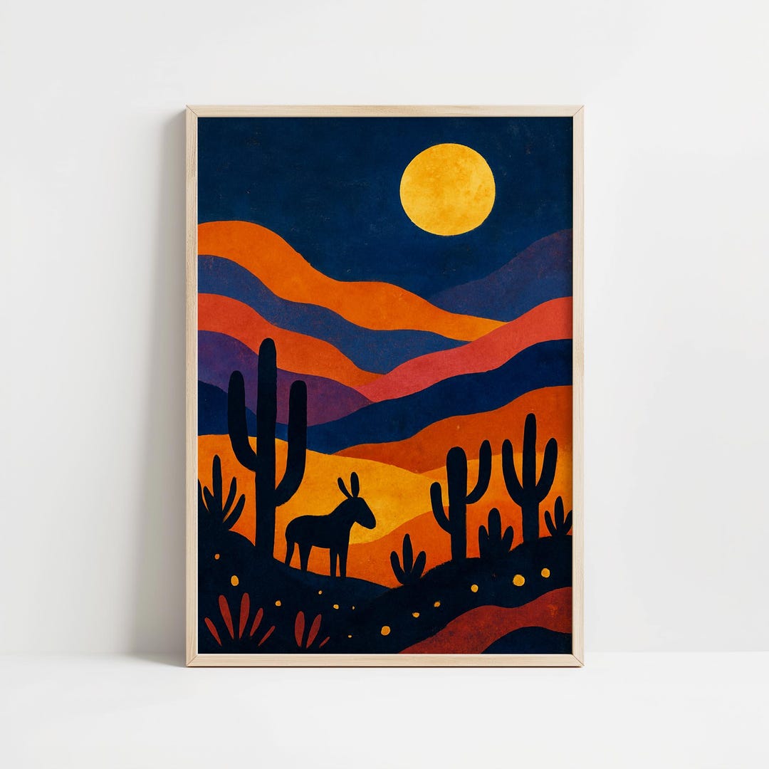 Southwestern Sunset Print: Donkey, Cactus, and Mountains (digital ...