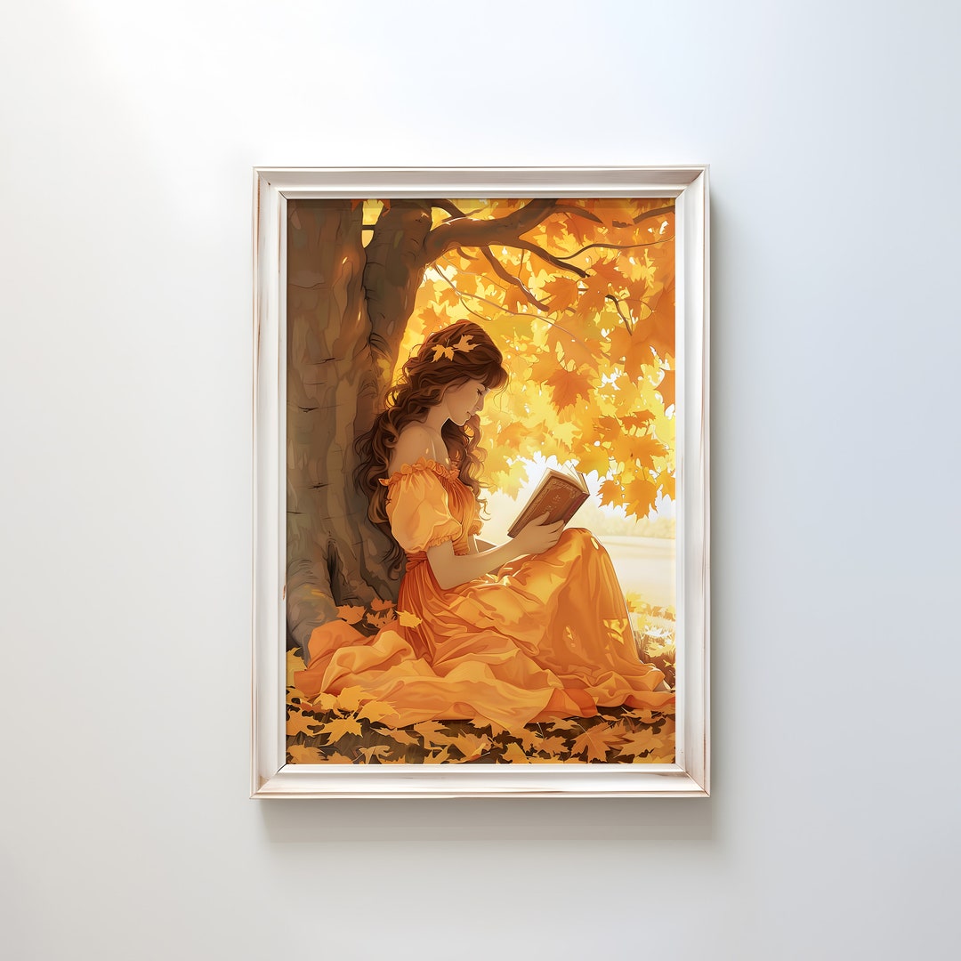 Sunset Reading Girl Art Print, Whimsical Cottage Core Wall Art, Autumn ...