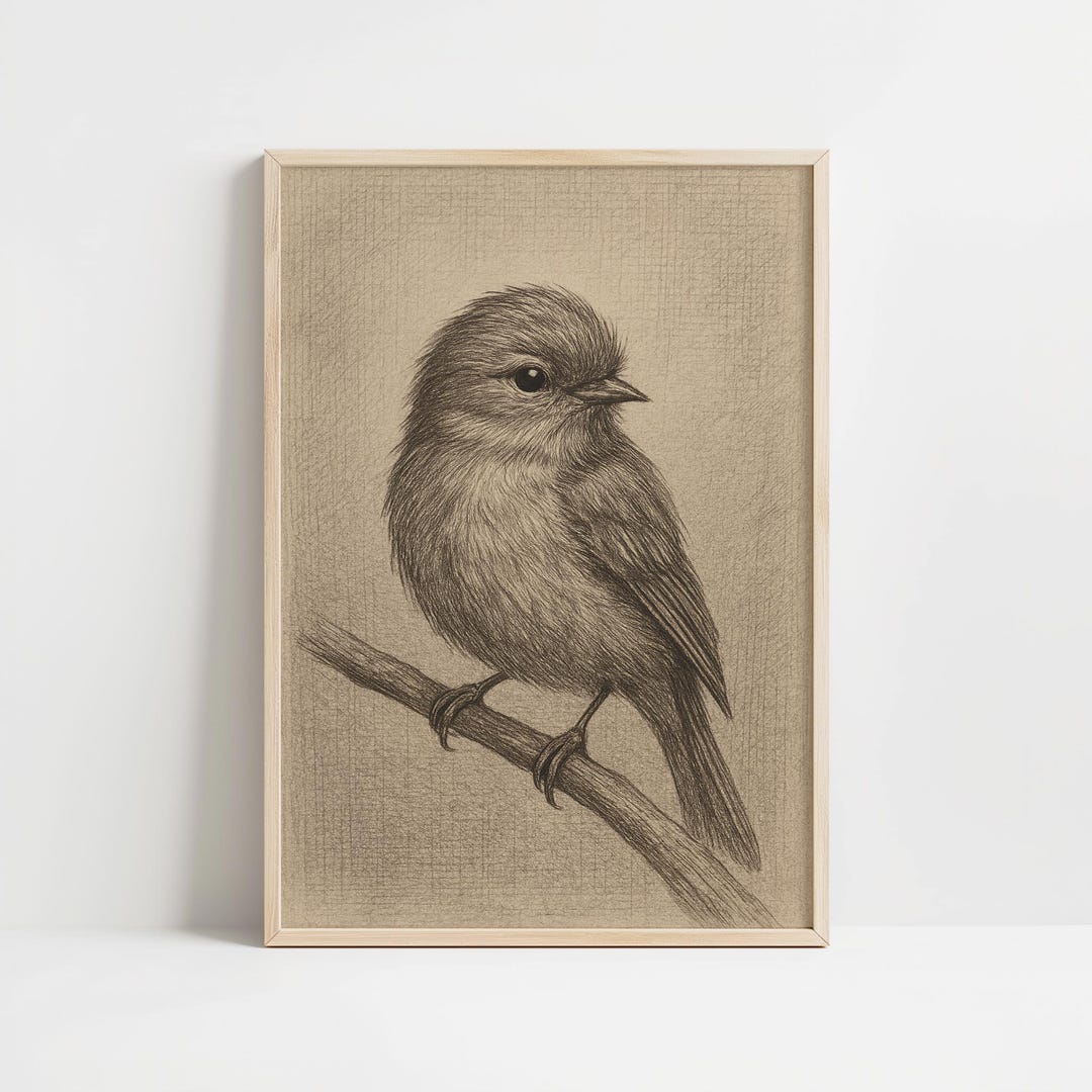Bird Pencil Drawing Wall Art – Detailed Graphite Sketch of Songbird on ...