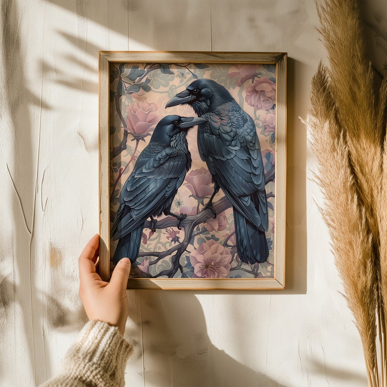 Romantic Raven Couple Floral Branch Art Print, Dark Cottagecore Ravens ...