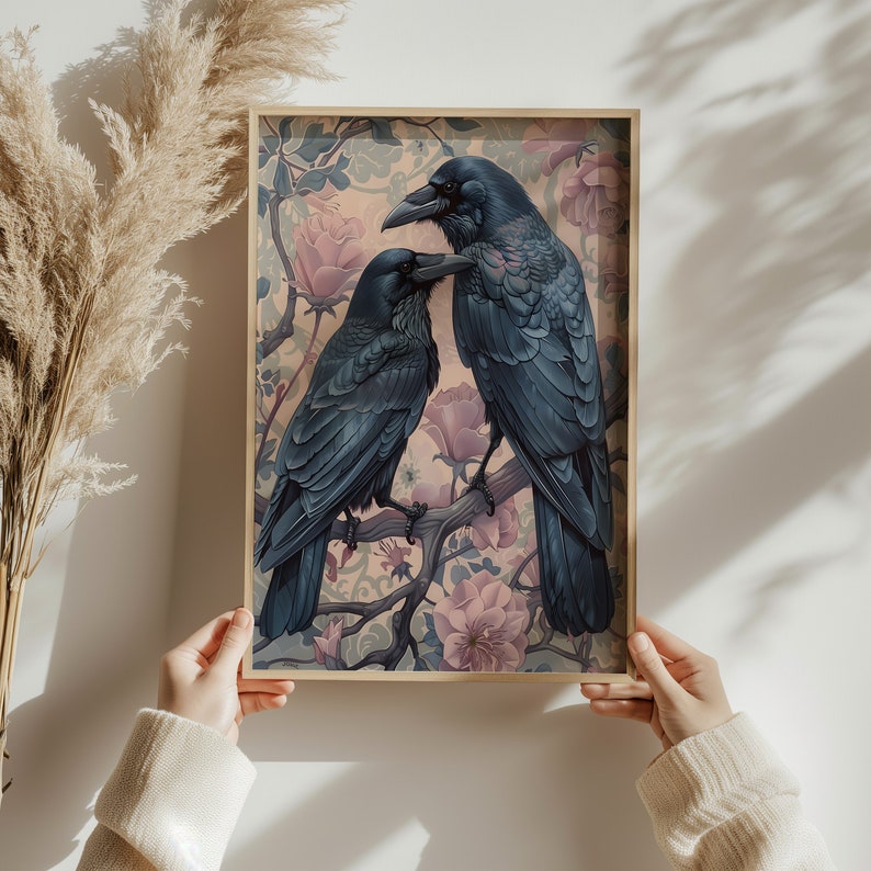 Romantic Raven Couple Floral Branch Art Print, Dark Cottagecore Ravens ...