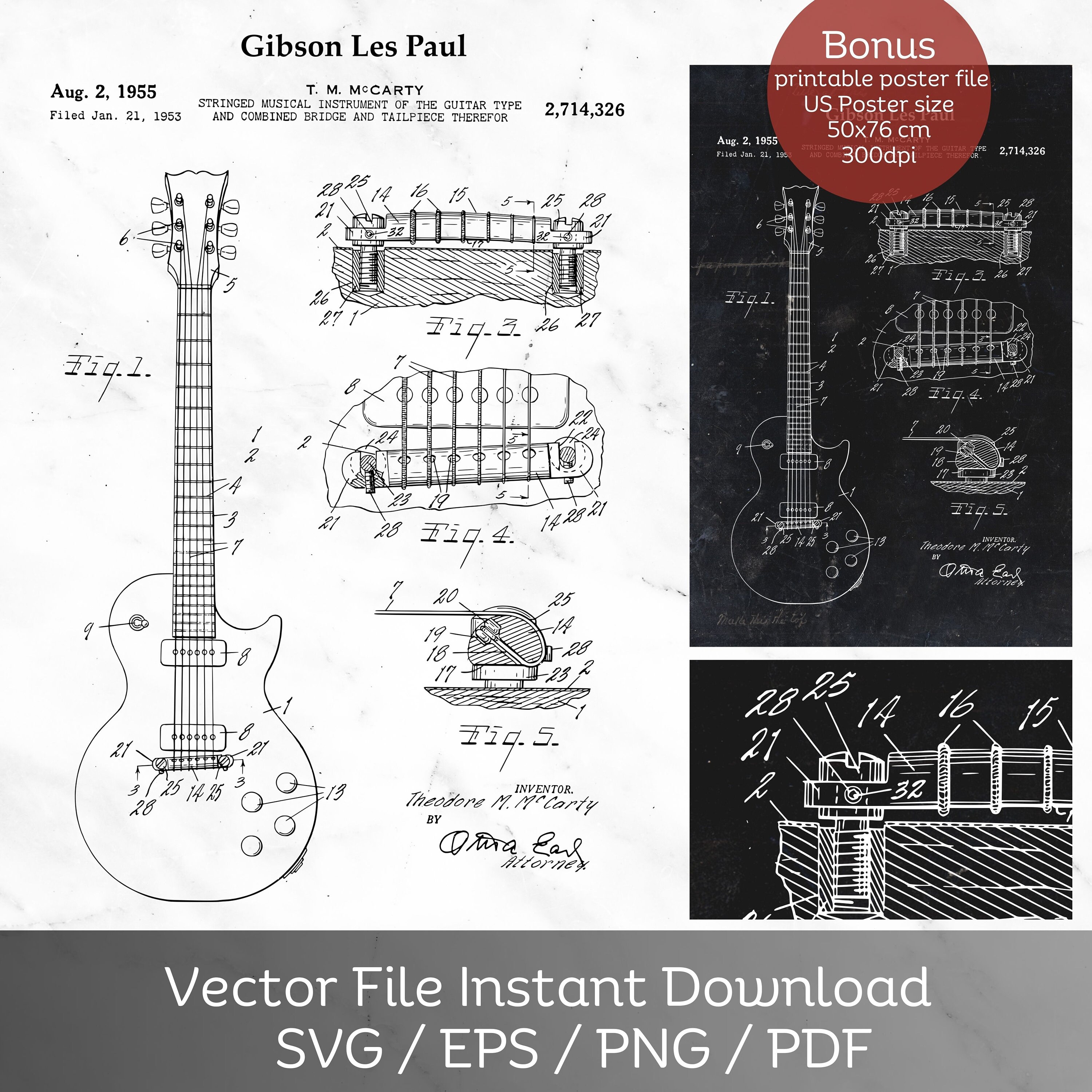Vintage Gibson Les Paul Guitar Retro Patent Vector SVG File for Art ...