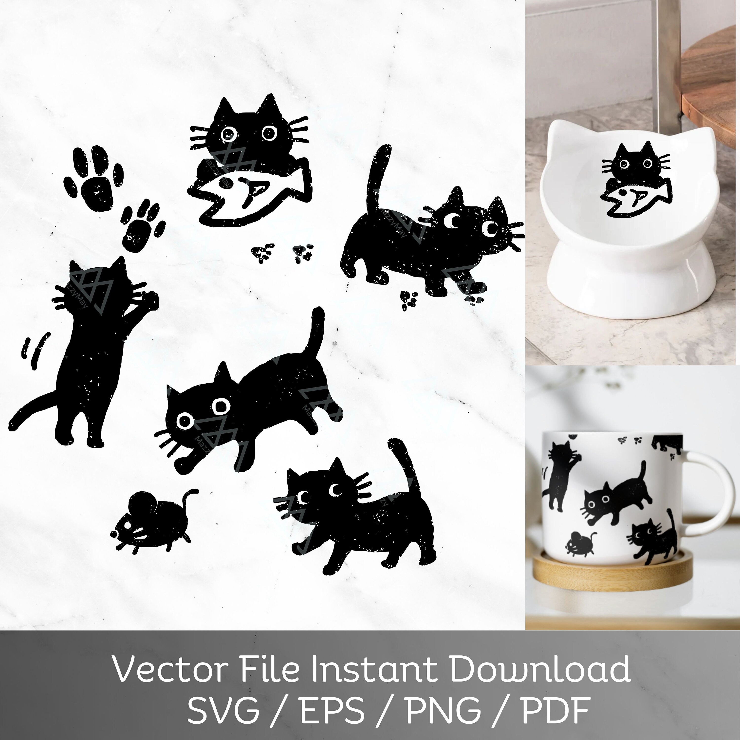 Cute Lovely Hand Drawing Black Cat Play Day Vector Bundle SVG for Art ...