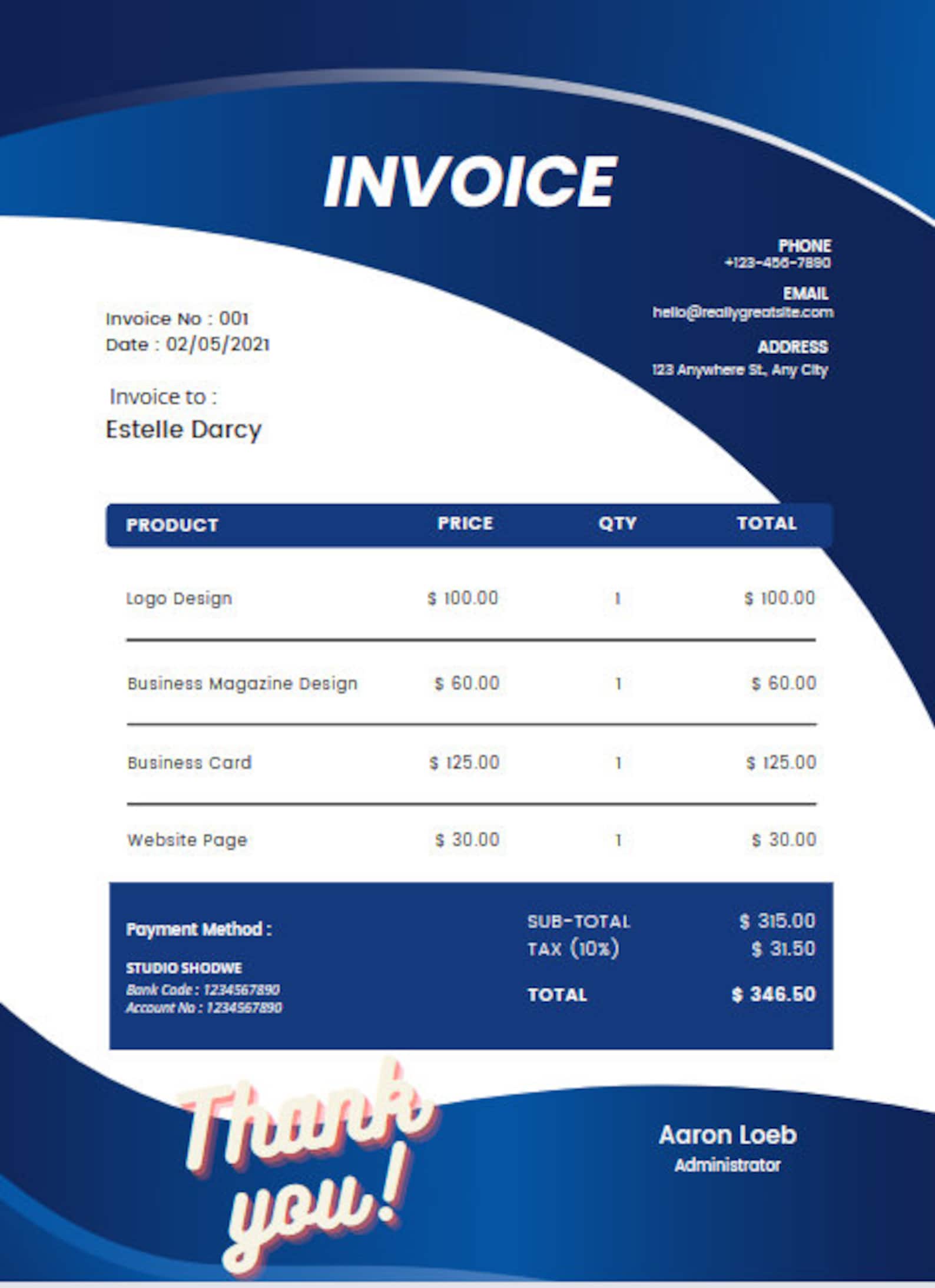 Blue Invoice Canva, Editable, Simple Minimalist, Small Business and Big ...