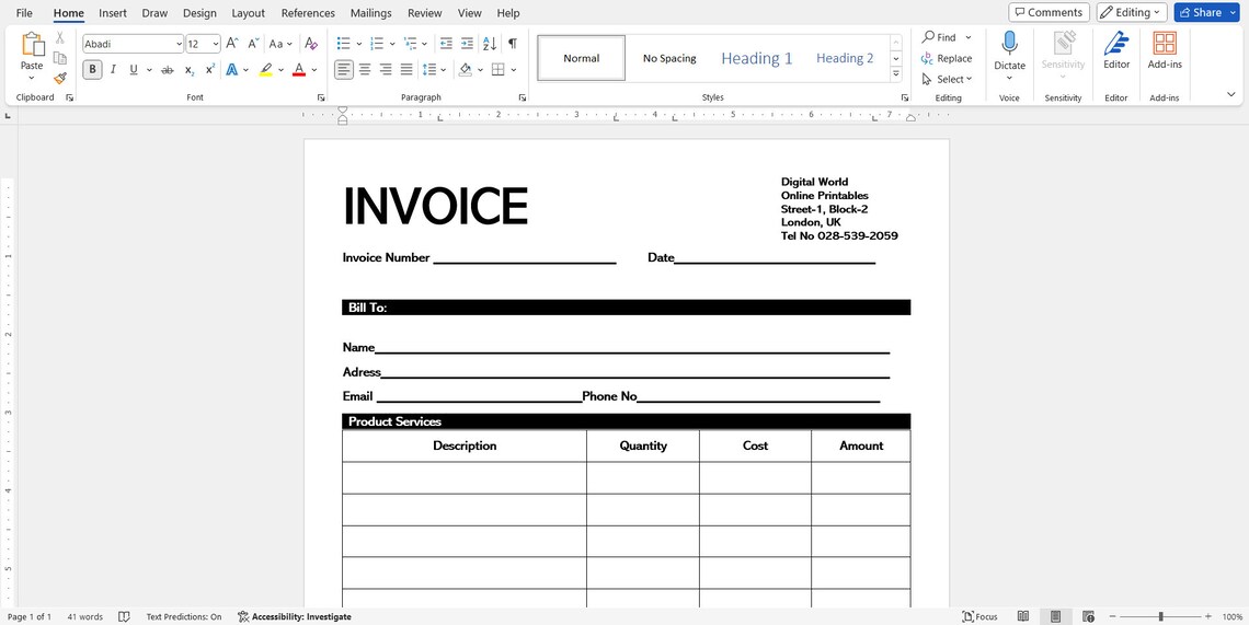Invoice Template, PDF Adobe and Word Document, Easily Editable and ...