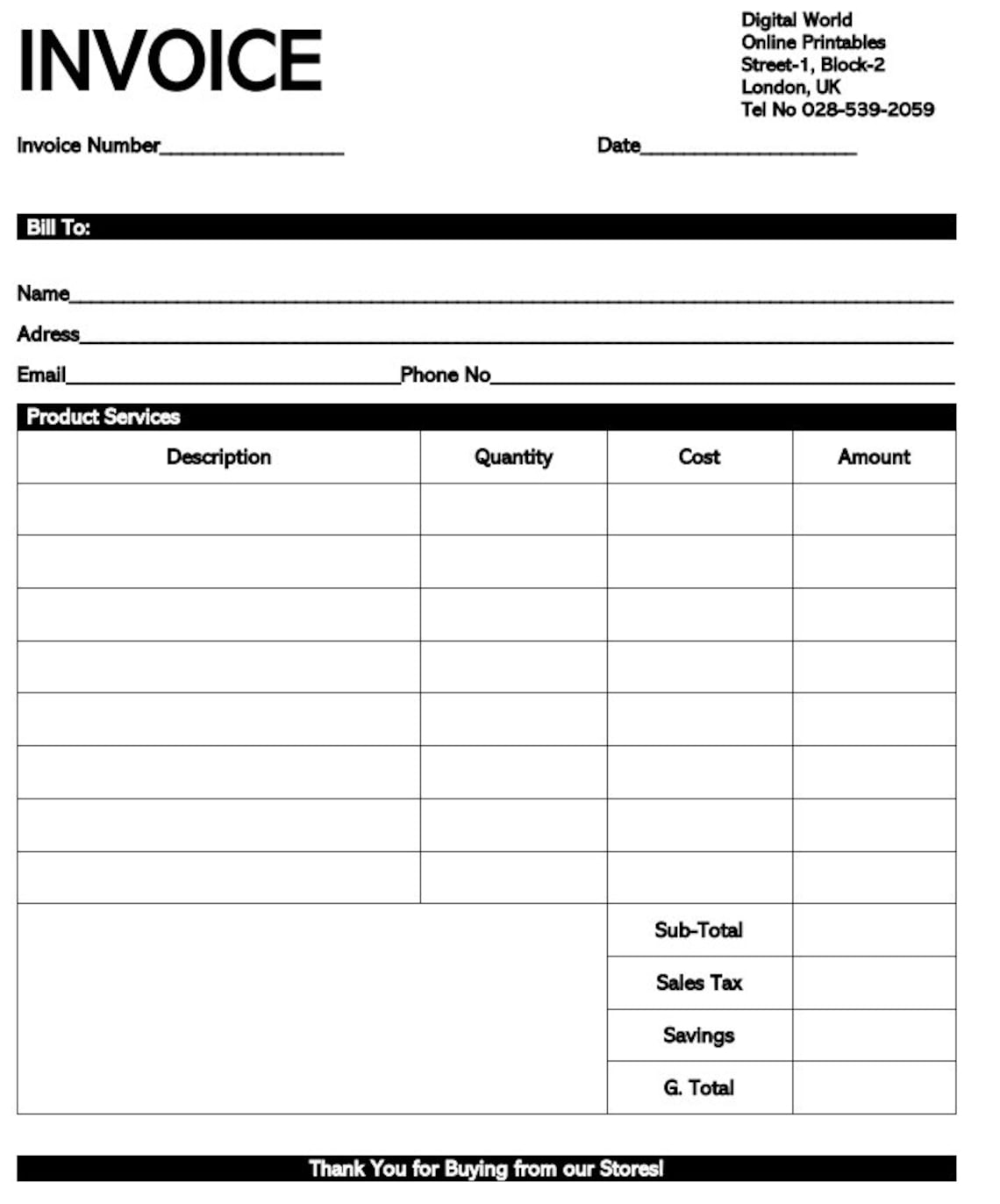 Invoice Template, PDF Adobe and Word Document, Easily Editable and ...