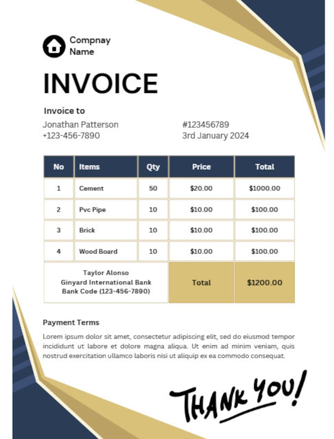 Invoice Template, Gold and Blue, Editable and Printable, Easy to Use ...