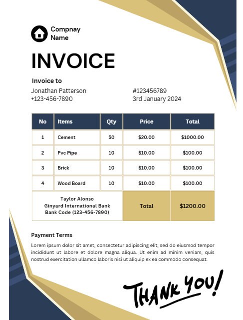 Invoice Template, Gold and Blue, Editable and Printable, Easy to Use ...
