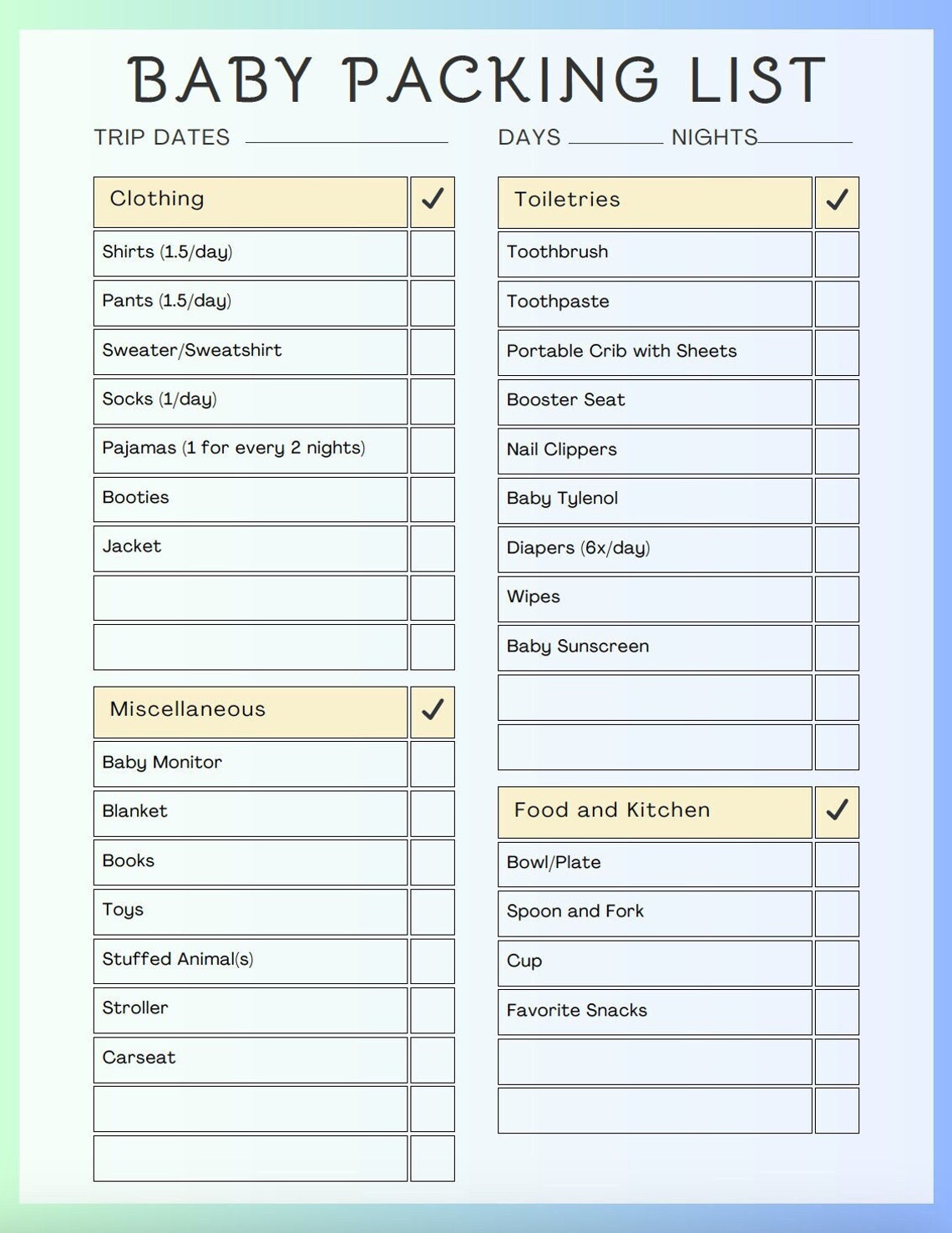 Packing List for Baby - Etsy