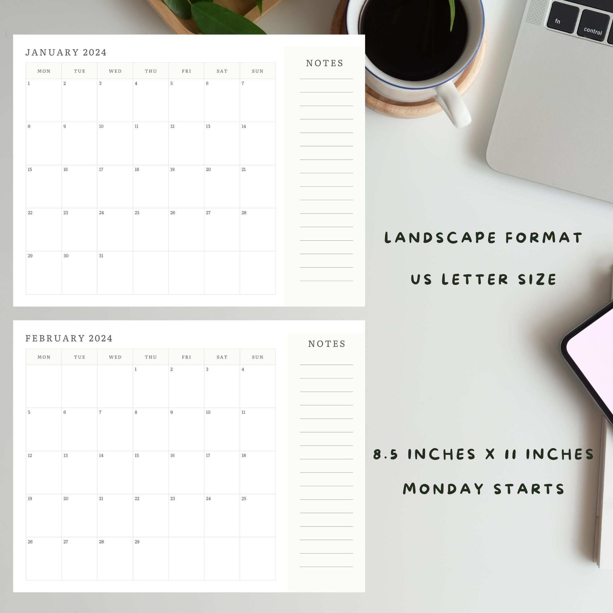 2024 Year Printable Calendar, Minimalist Design, 12 Months Calendar ...