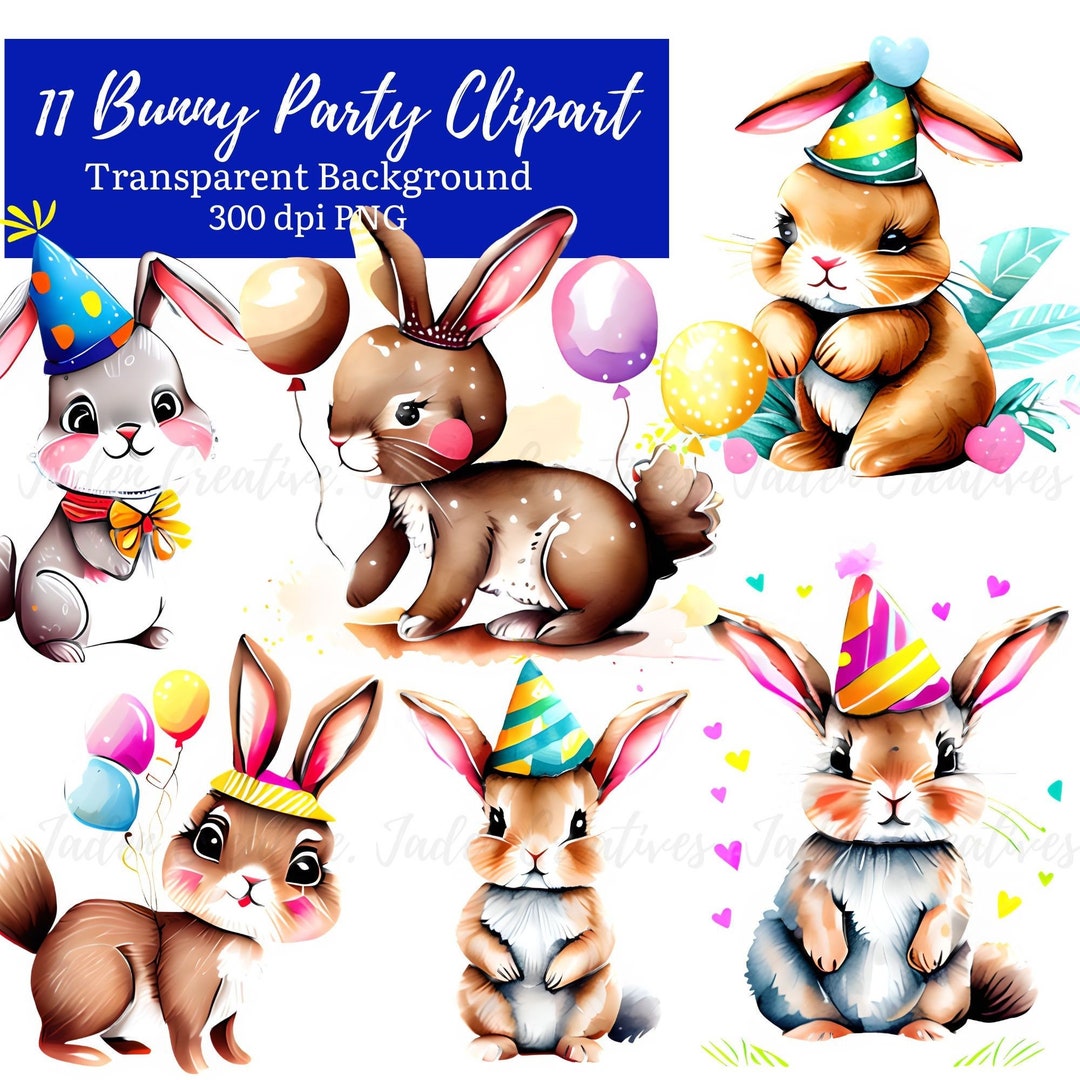 Party Bunny Clipart, Bunny Birthday Clipart, Watercolor Bunny Clipart ...