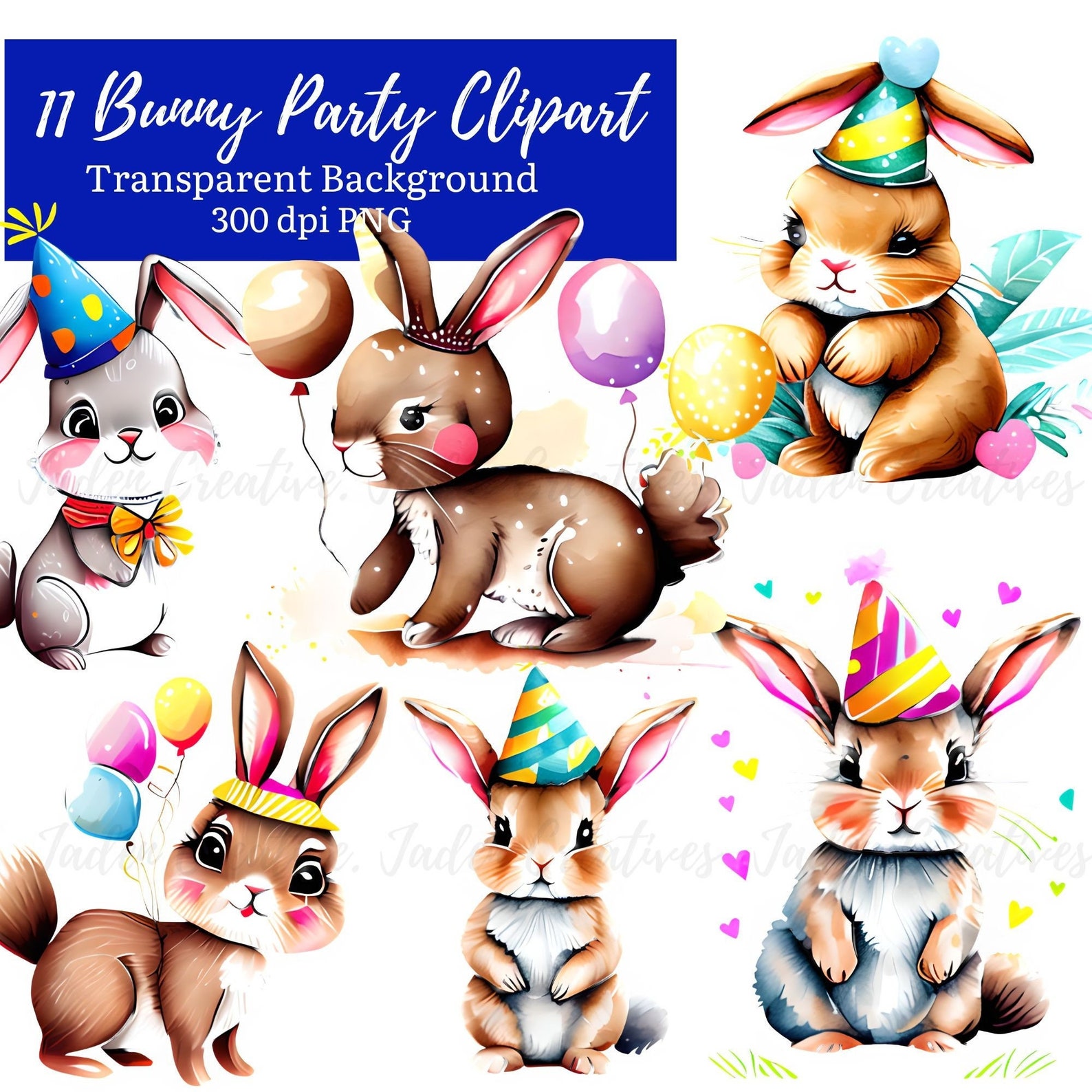 Party Bunny Clipart, Bunny Birthday Clipart, Watercolor Bunny Clipart ...