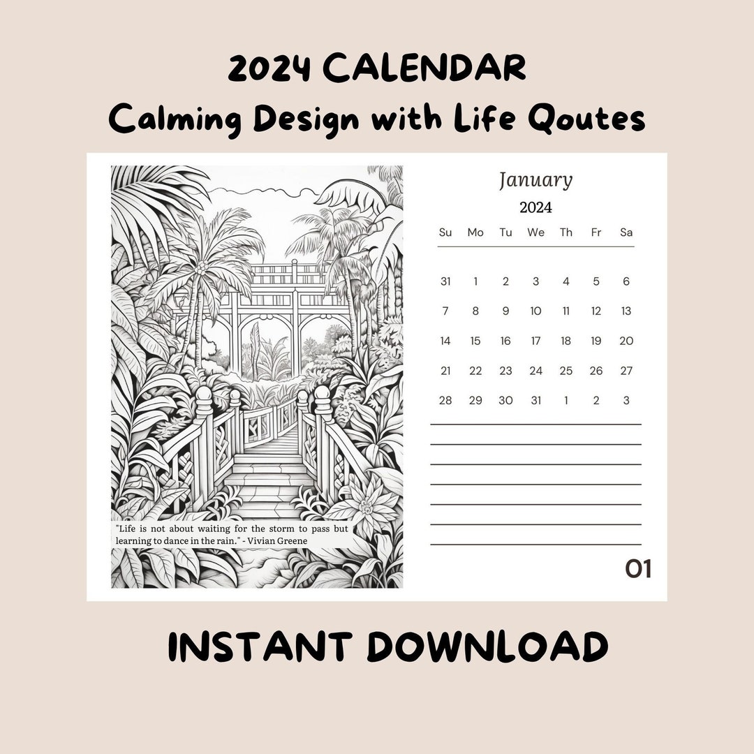 2024 Year Printable Calendar, Calming Nature Design, 12 Months Calendar ...
