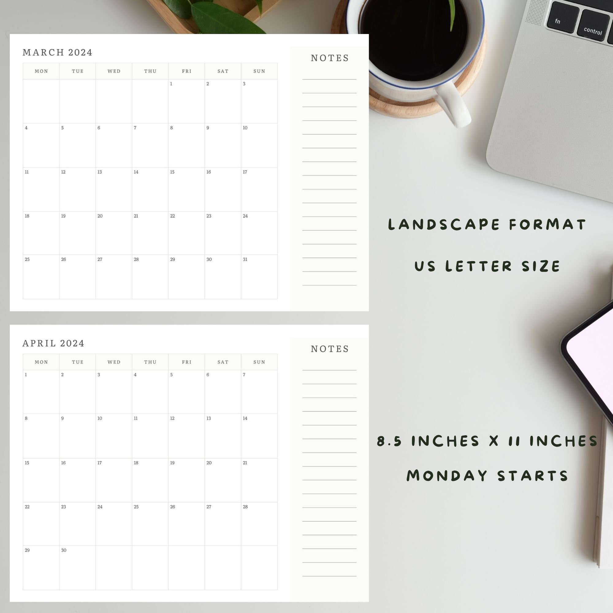 2024 Year Printable Calendar, Minimalist Design, 12 Months Calendar ...