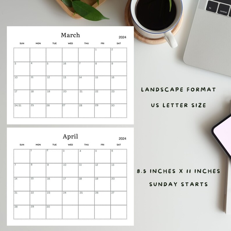 2024 Year Printable Calendar, Minimalist Design, 12 Months Calendar ...