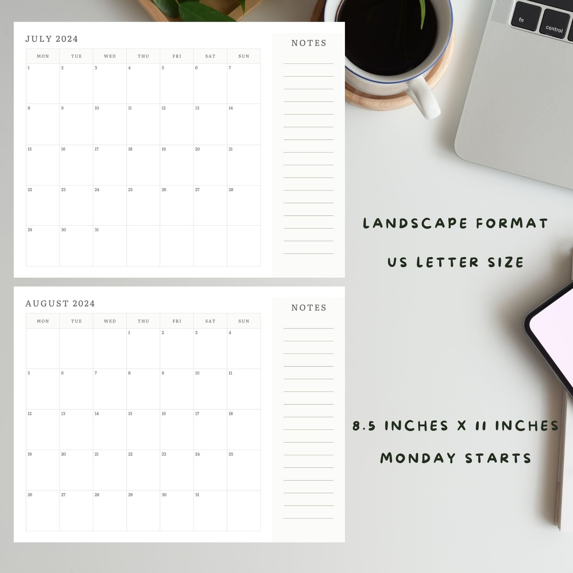 2024 Year Printable Calendar, Minimalist Design, 12 Months Calendar ...