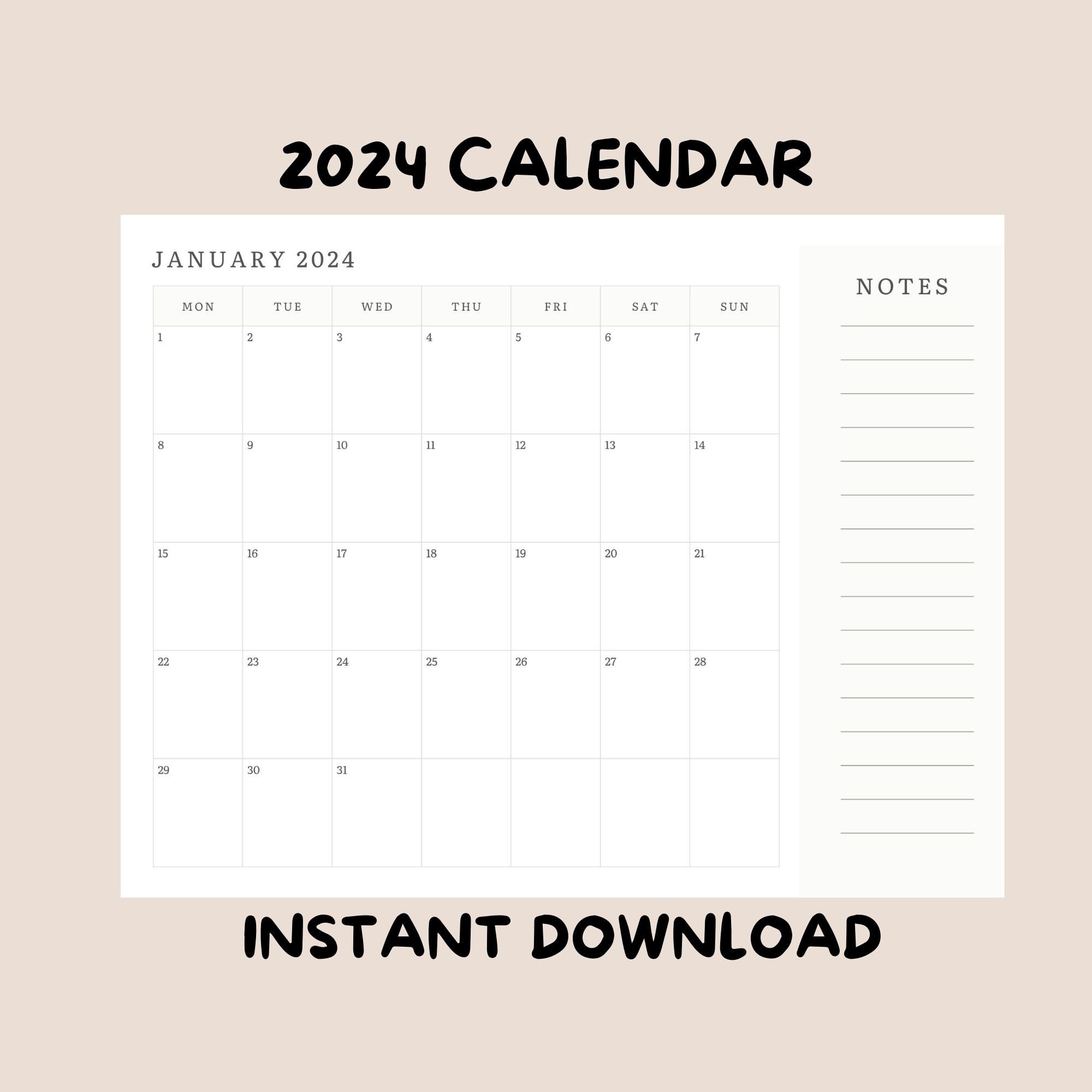 2024 Year Printable Calendar, Minimalist Design, 12 Months Calendar ...