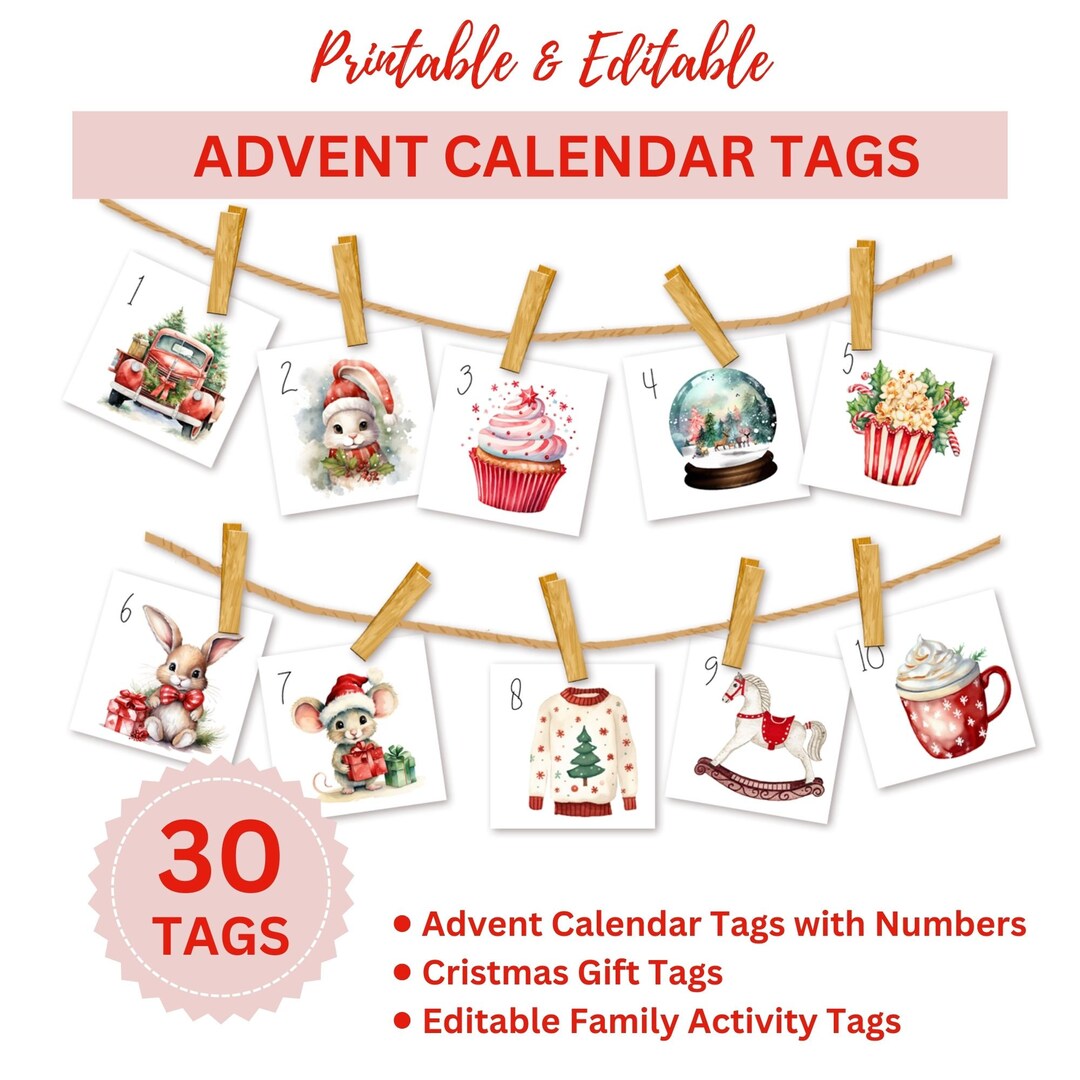 Printable Advent Calendar, Customizable Christmas Gift Tags, Christmas ...