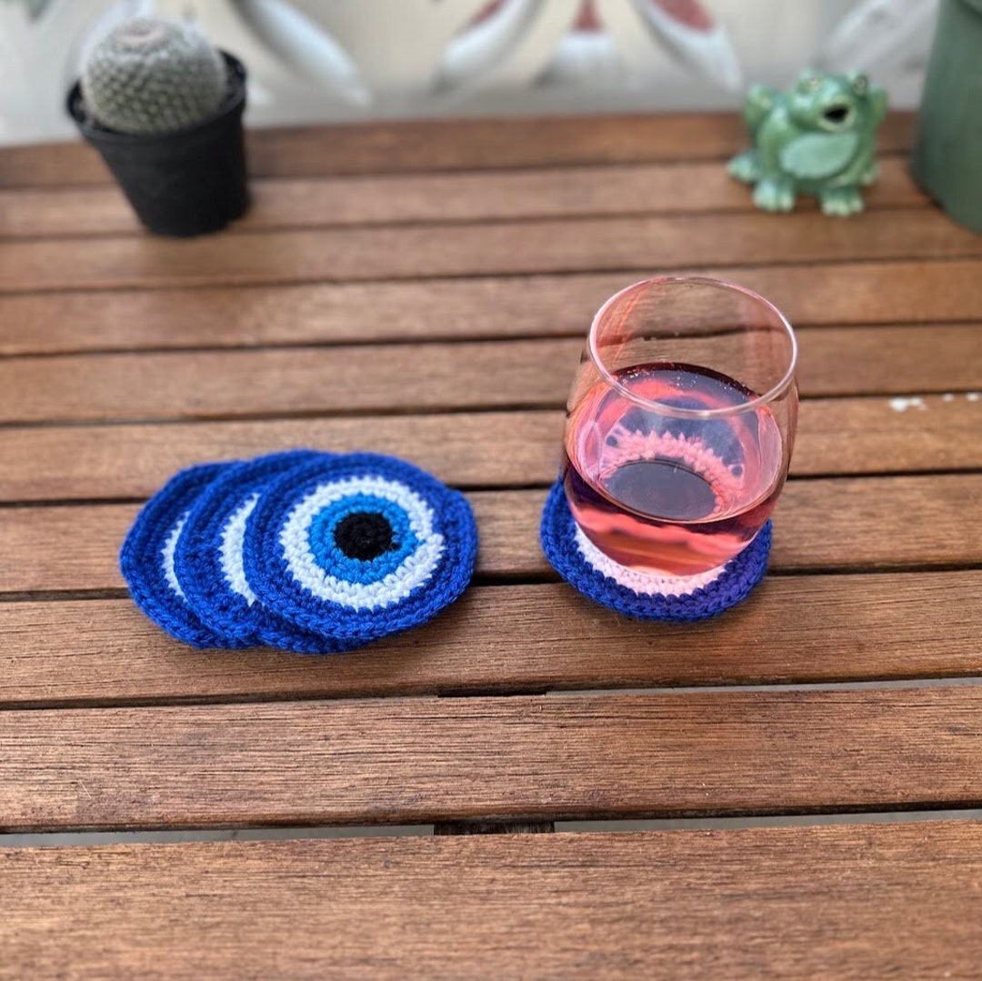 Crocheted Evil Eye Coasters, Set of 4, Mug Coasters, Handmade Coasters ...
