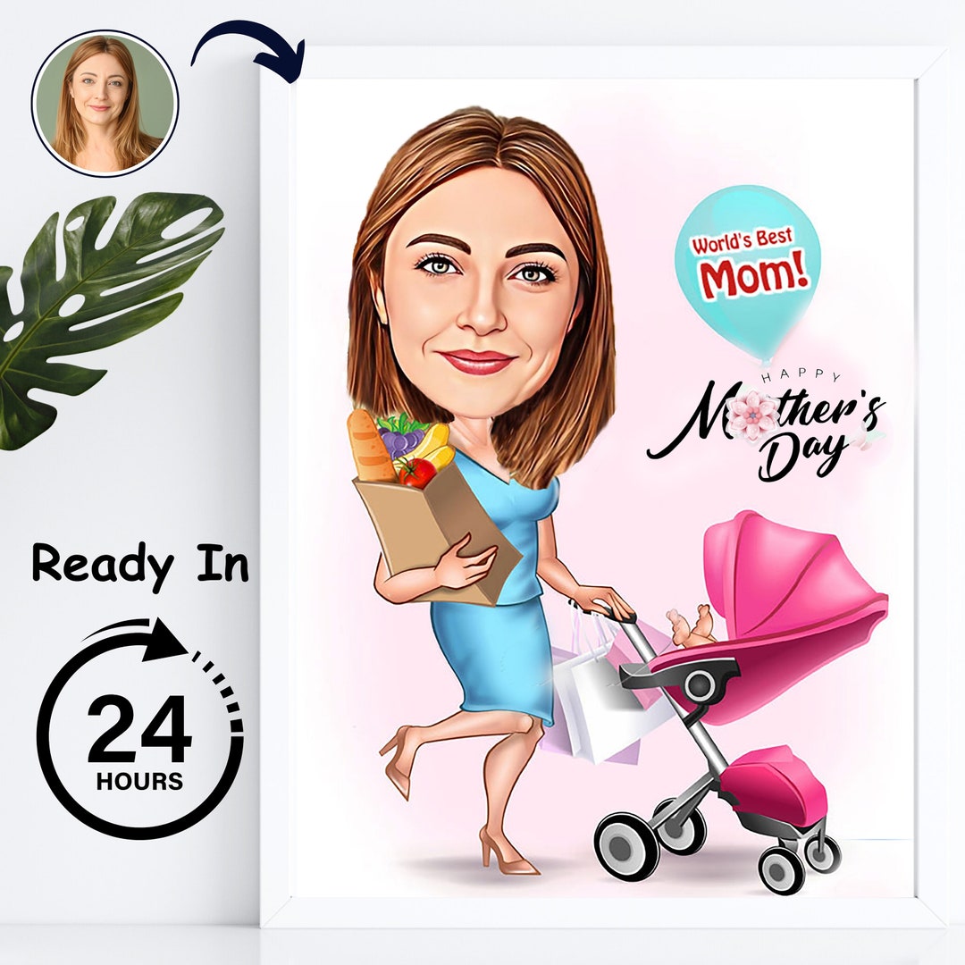 Custom New Mom Cartoon Portrait, Funny Mom Gift, Mother Caricature, Fun ...