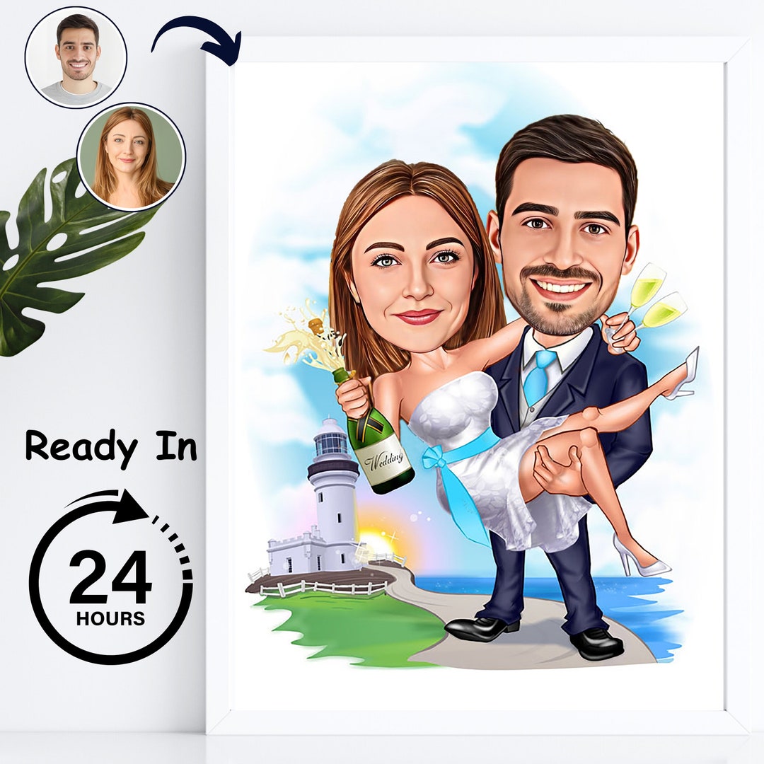 Custom Couple Cartoon Portrait, Wedding Couple Portrait, Honeymoon ...