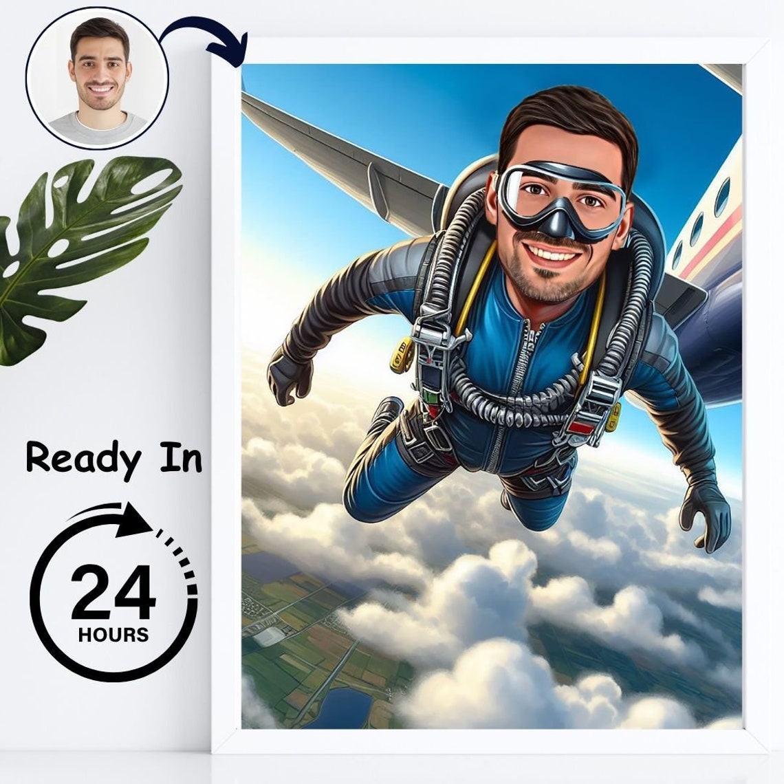 Personalized Sky Diving Caricature Art, Parachuting Skydiver Gift ...