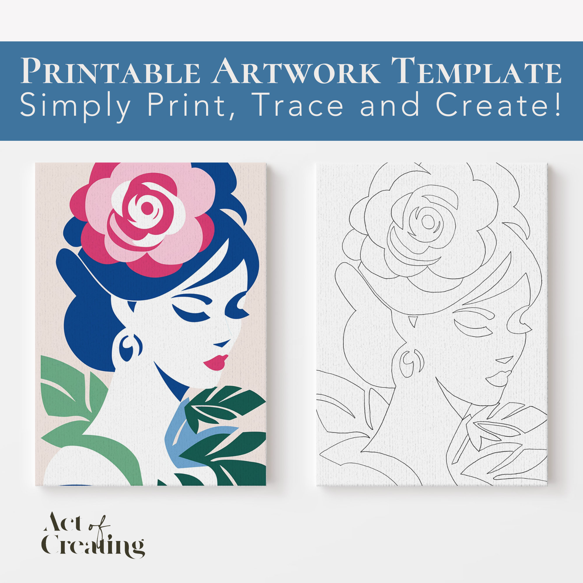 Printable Trace Artwork Template Sunflower Pink Rose Instant Download ...