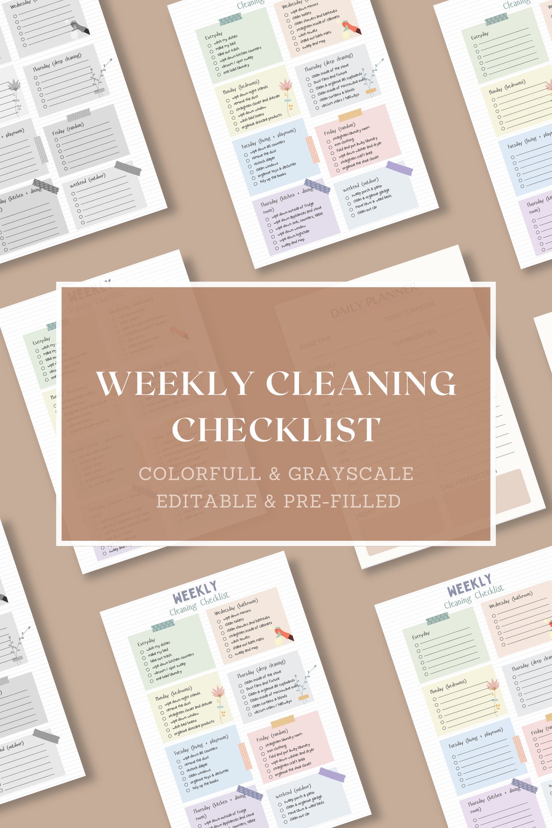 Editable Printable Colorful Sticky Note Style Weekly Cleaning Checklist ...
