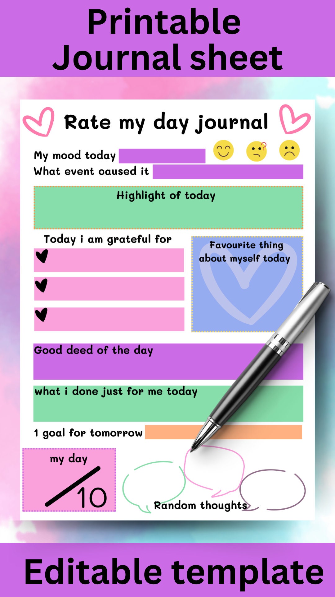 Editable Rate My Day Daily Mood Tracker Canva Template for Feelings ...