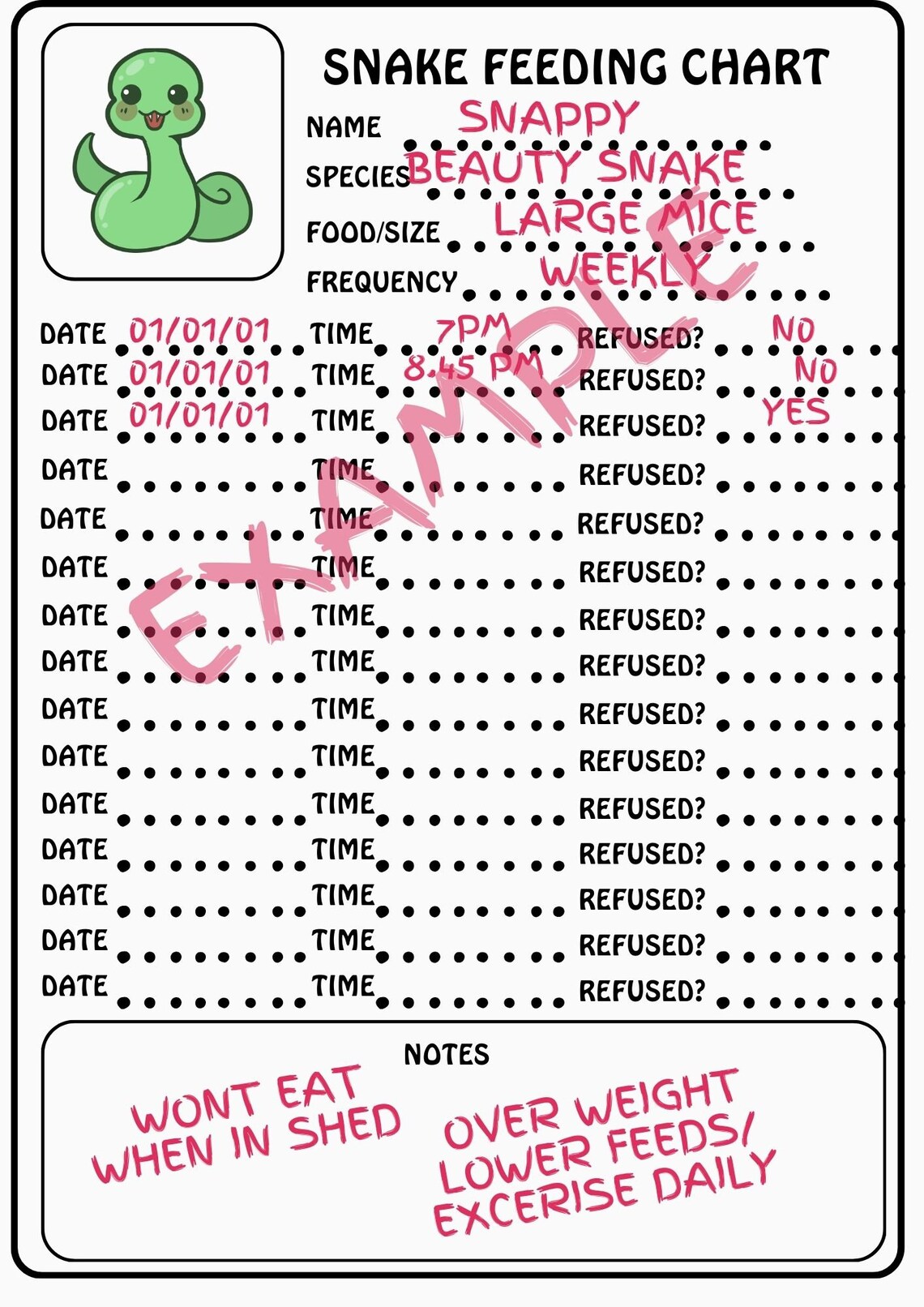 Snake Care Planner: Feeding Chart PDF, Digital Download, Pet ...