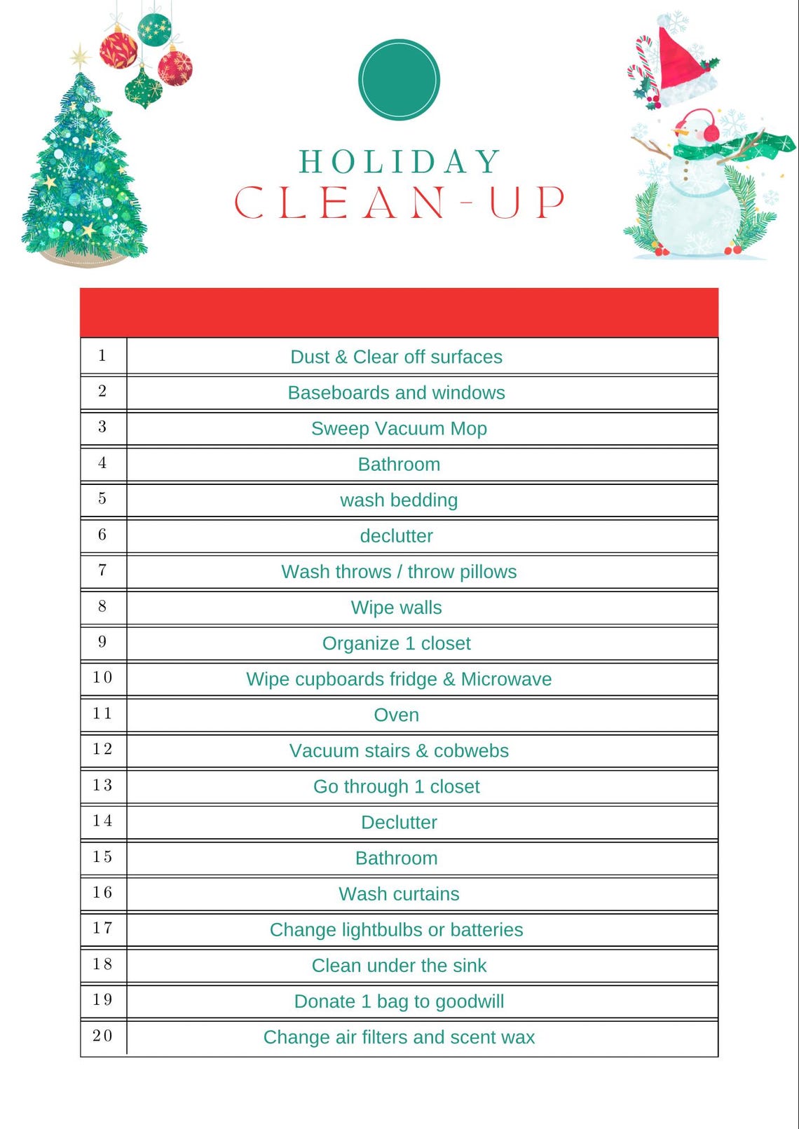 Holiday Cleaning List , 20 Days of Christmas Cleaning ! - Etsy