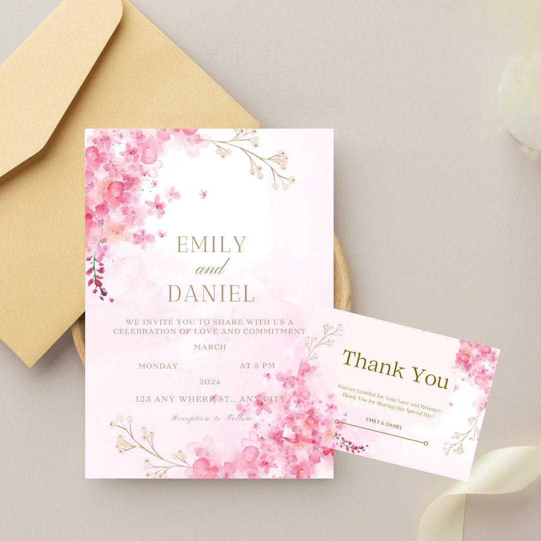 Editable Pink Wedding Invitation Template, Pink Themed Wedding Invite ...