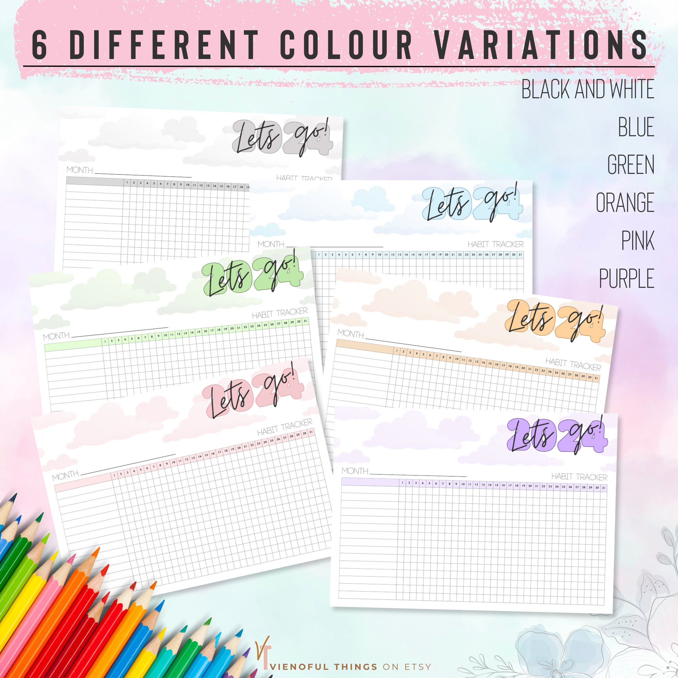 Monthly Daily Habit Trackers, Instant PDF Digital Download, A4 ...