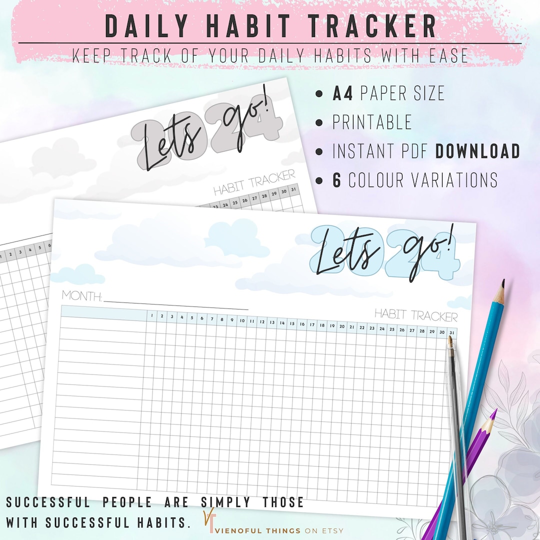 Monthly Daily Habit Trackers, Instant PDF Digital Download, A4 ...
