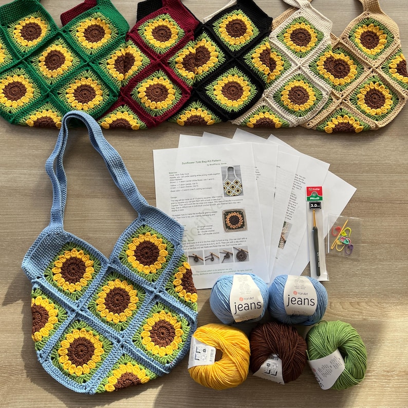DIY Crochet Sunflower Tote Bag Kit: Granny Square Pattern, Yarn& Hook ...