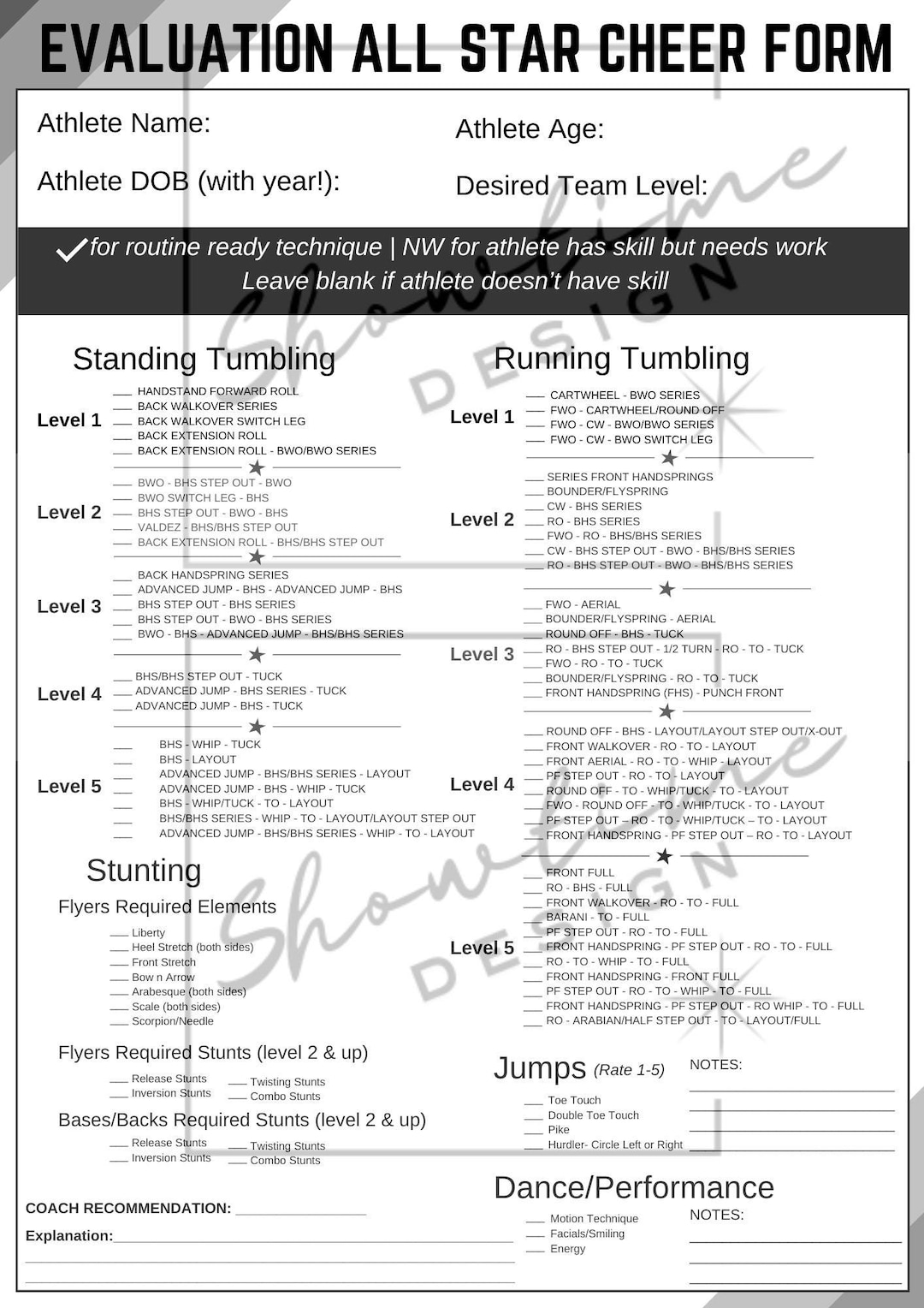 Cheer Tryout Evaluation Form: All Star Levels (PDF & PNG) - Etsy