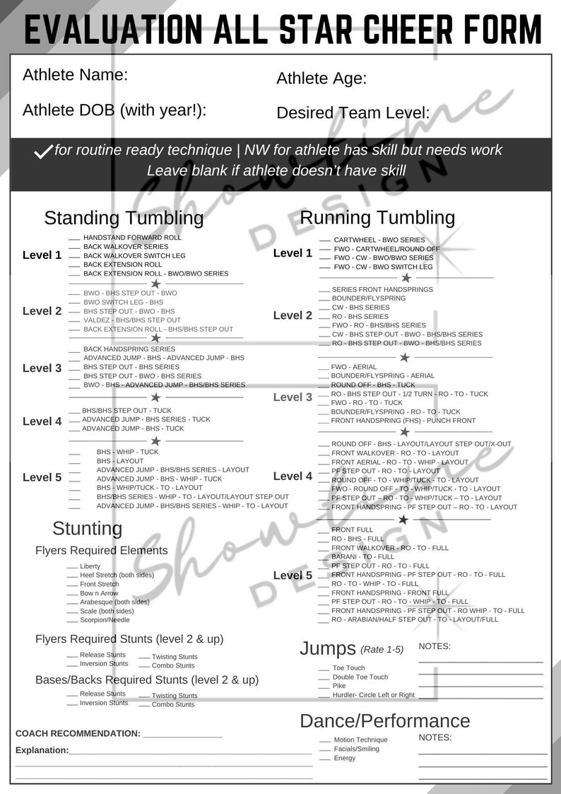 Cheer Tryout Evaluation Form: All Star Levels (PDF & PNG) - Etsy
