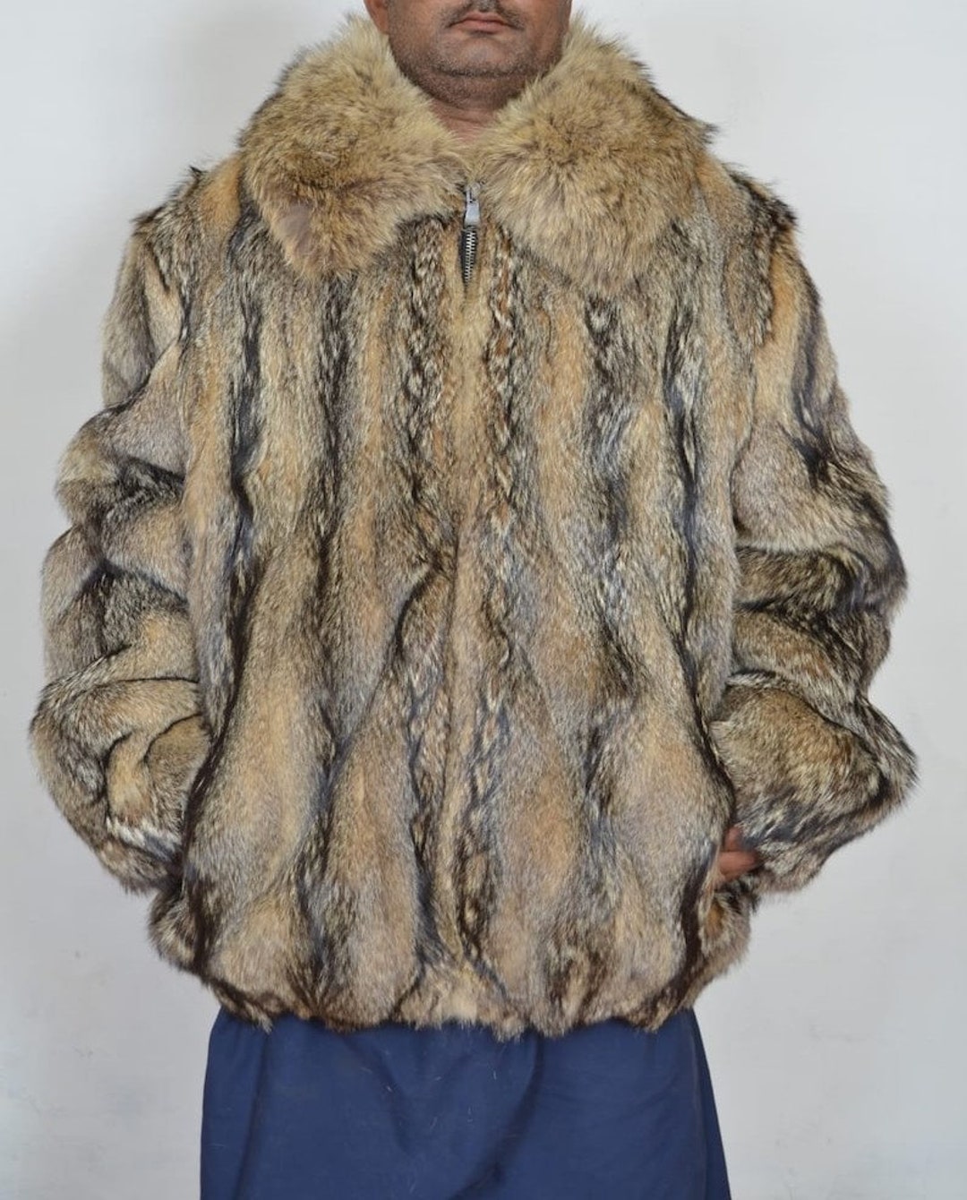 Men's Real Coyote Fur Coat / Bomber Jacket With A Fur Collar and A ...
